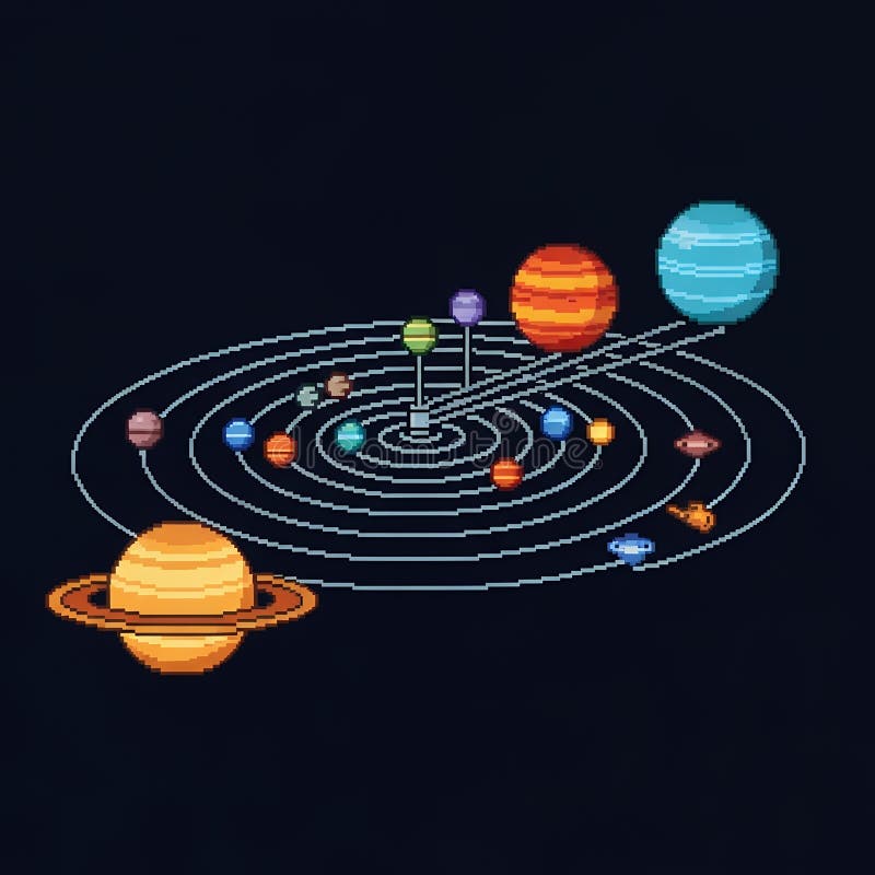 Pixel Art Solar System with Planets Orbiting a Central Sun Stock Vector ...
