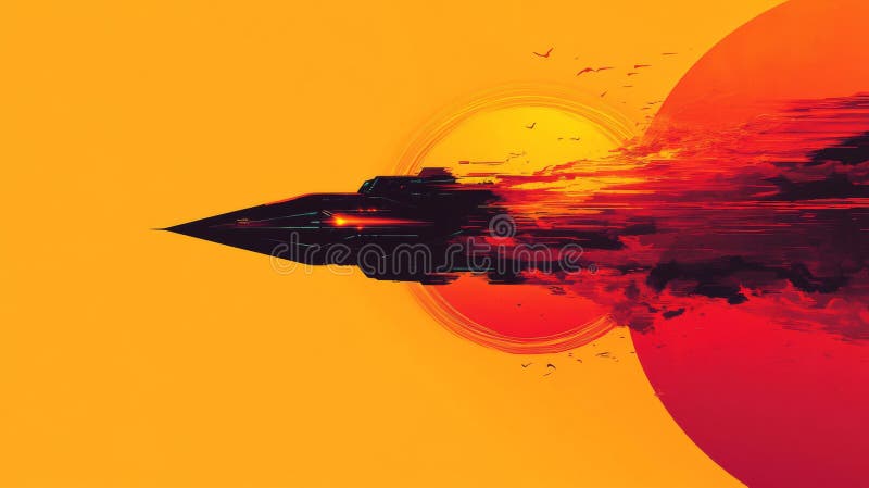 Pixel Art Spaceship Flying through Orange Sunset Stock Illustration ...