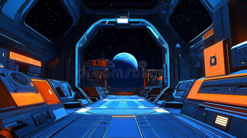 Pixel Art Spaceship Interior with Alien Planet View Stock Illustration ...