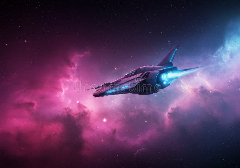 Pixel Art Spaceship in Pink and Purple Nebula Stock Illustration ...