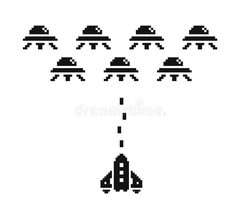 Pixel Art Spaceship Vs. Aliens , 1-bit Black and White Icon Set. Mobile ...
