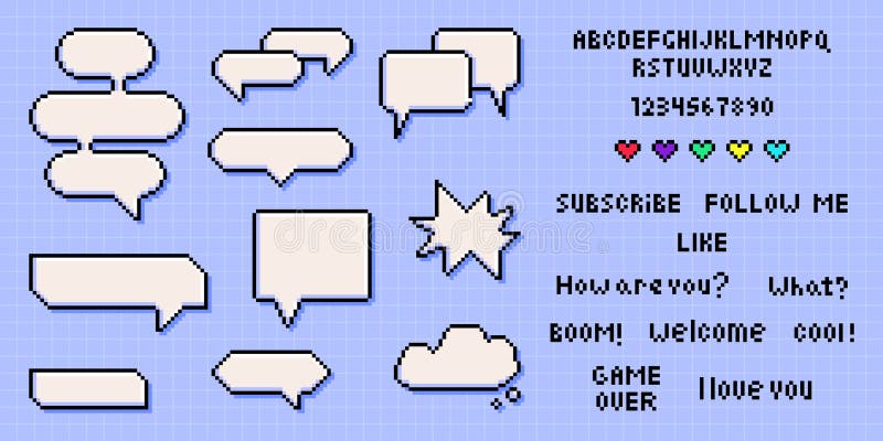 Pixel Art Speech Bubble Set with Font Stock Illustration - Illustration ...