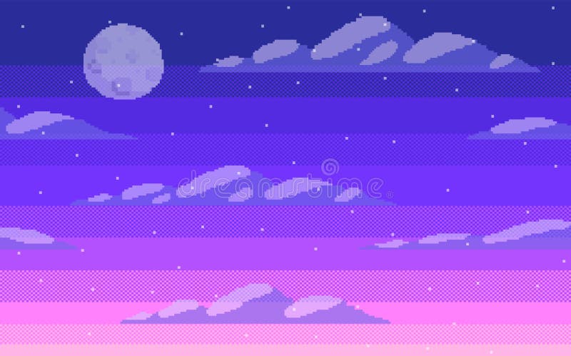 Pixel Art Starry Sky during Sunset. the Moon with Clouds and Stars ...