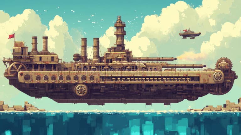 Pixel Art Steampunk Airship Soaring Over Ocean Stock Illustration ...