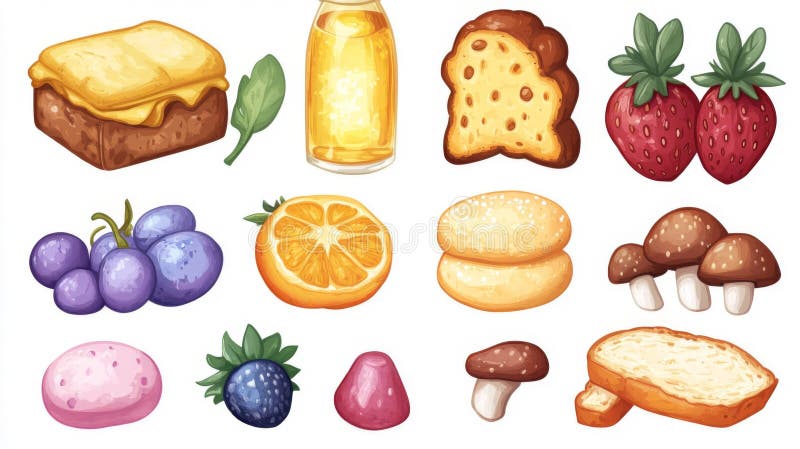 Pixel Art Still Life Featuring Bread Fruits and Berries with Flat ...