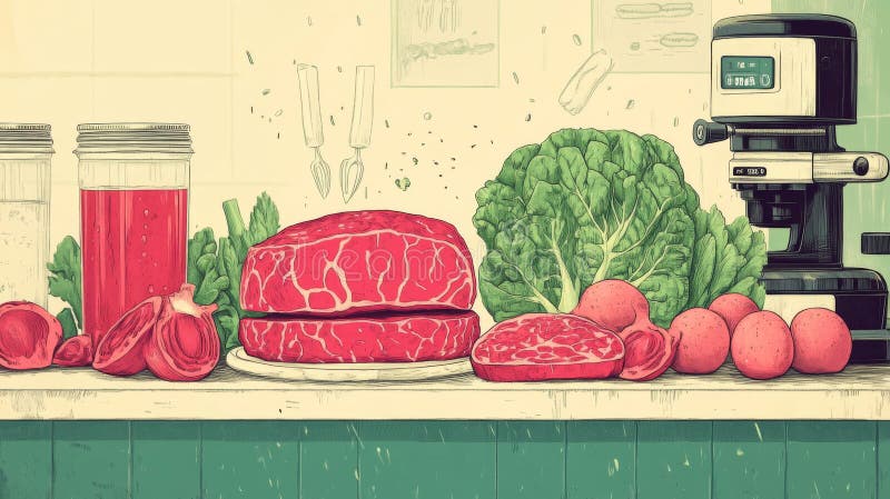 Pixel Art Still Life of Red Beef Steak with Tomatoes and Kale Stock ...