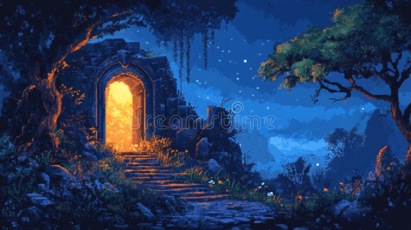 Pixel Art Stone Doorway with Glowing Light at Night in Fantasy Forest ...