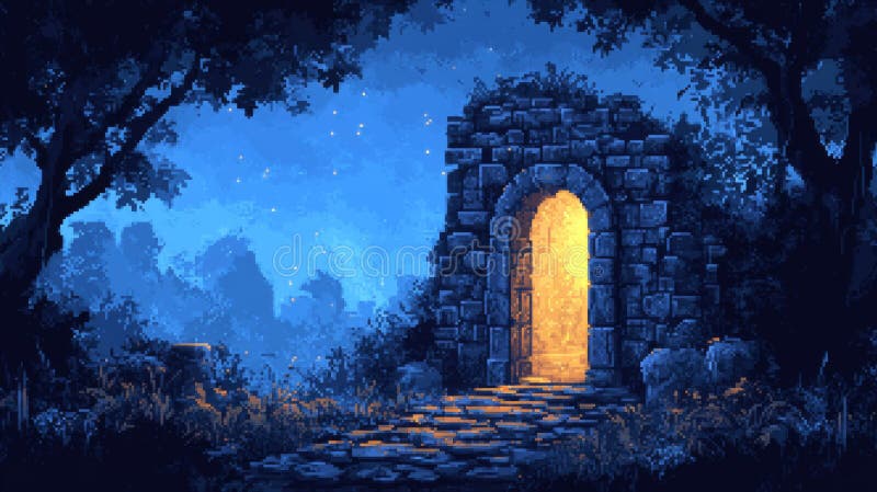 Pixel Art Stone Gate Illuminated in Mysterious Forest at Night ...