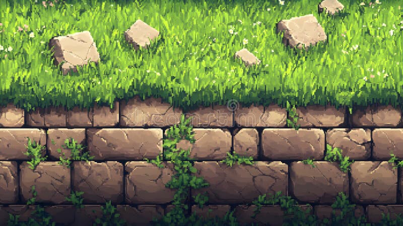 Pixel Art Stone Wall with Green Grass Stock Illustration - Illustration ...