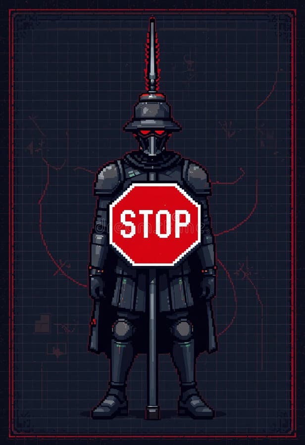 Pixel Art Stop Sign Sentinel with Shield and Pole Spear Stock ...