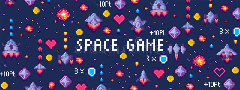 Retro Themed Space Game Background with Pixel Art Elements and Game ...