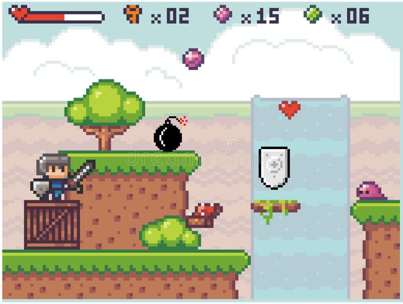 Pixel Art Style, Character in Game Arcade Play. Game Scene with Dirt ...