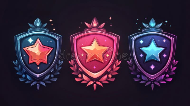 Pixel Art Style Colorful Star Shield Badges Set on a Dark Background ...