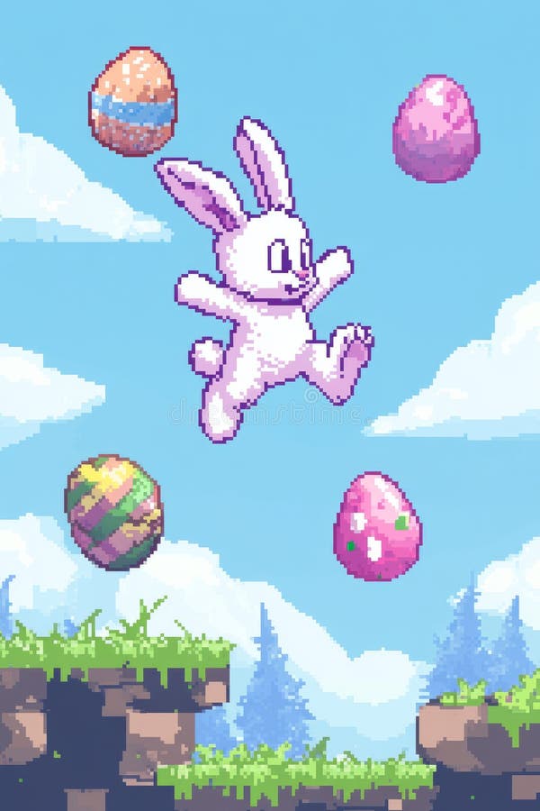 A Pixel-art Style Easter Bunny in an 8-bit Video Game World, Hopping ...