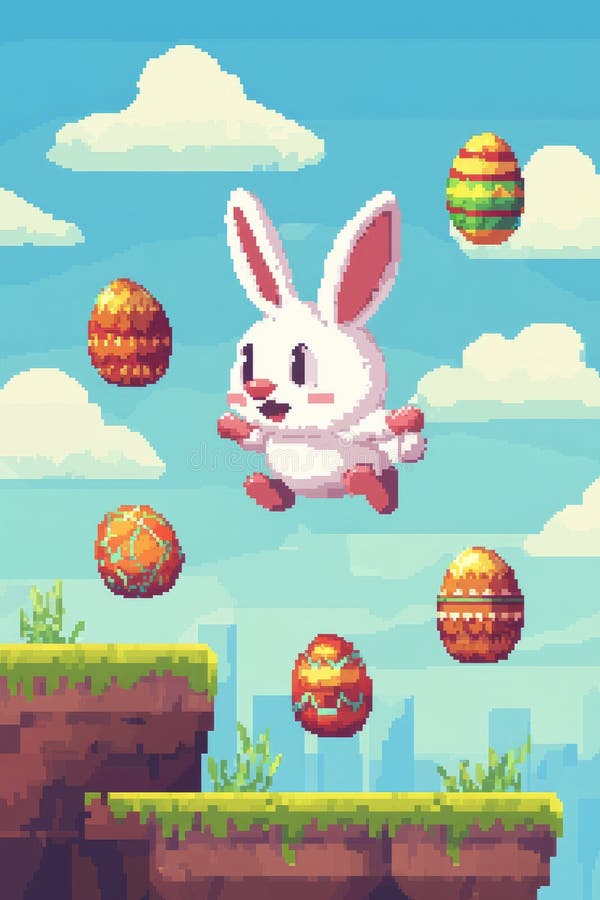 A Pixel-art Style Easter Bunny in an 8-bit Video Game World, Hopping ...