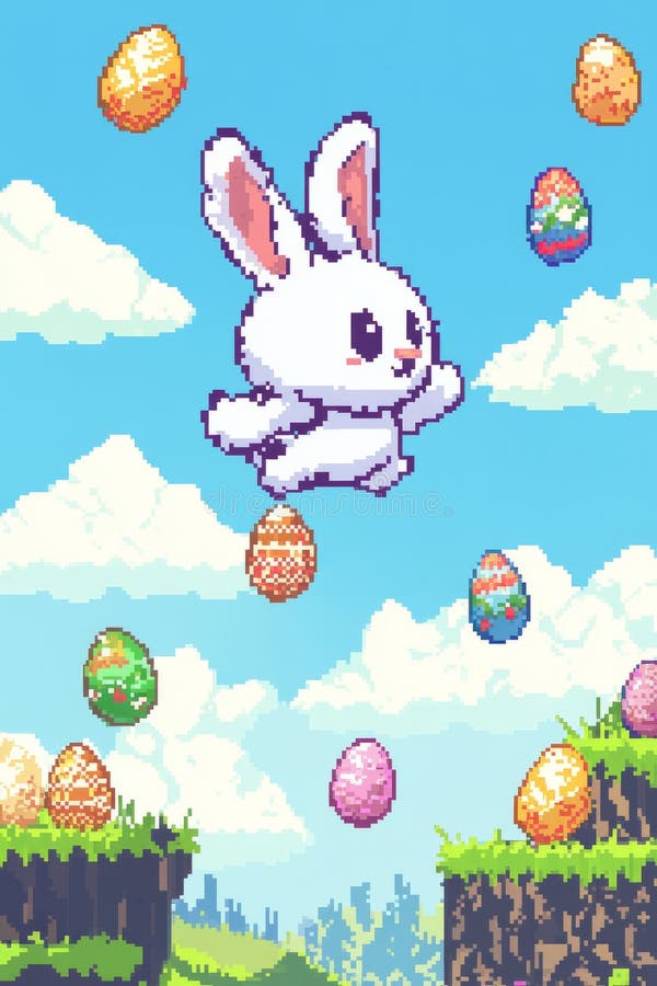 A Pixel-art Style Easter Bunny in an 8-bit Video Game World, Hopping ...