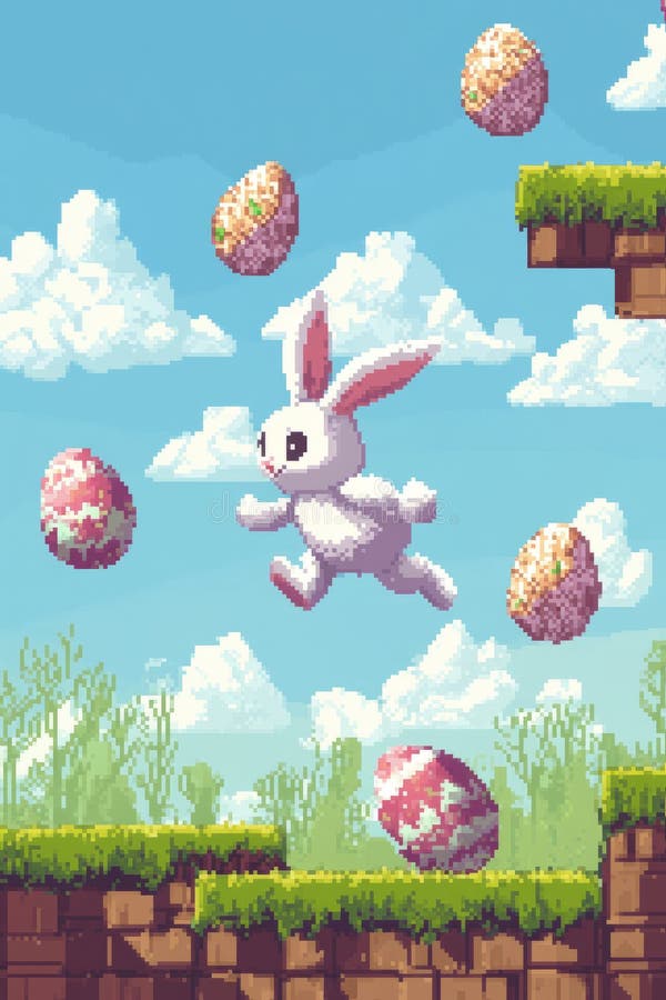 A Pixel-art Style Easter Bunny in an 8-bit Video Game World, Hopping ...