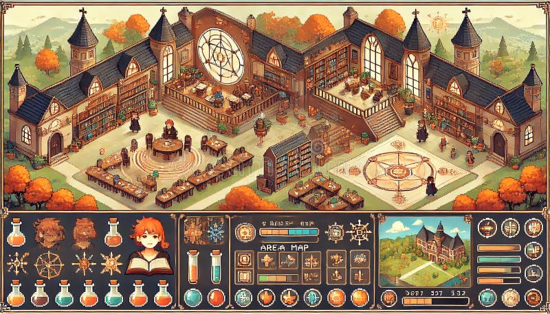 A Pixel Art-style Fantasy Game Interface for a Magic Academy Campus, Featuring Classrooms ...