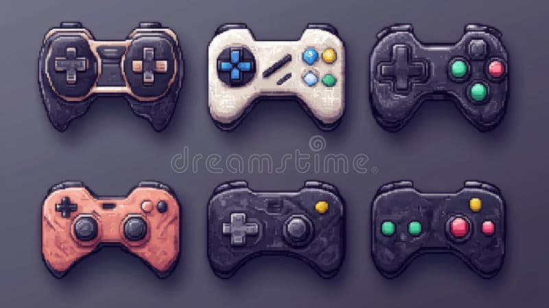 Pixel Art Style Game Controllers Collection on a Dark Gray Background ...