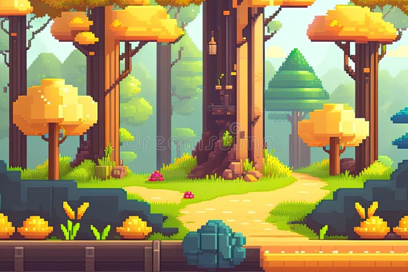 Pixel Art Style Landscape with a Tree and Mountains in the Background ...