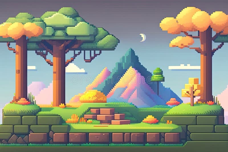 Pixel Art Style Landscape with a Tree and Mountains in the Background ...