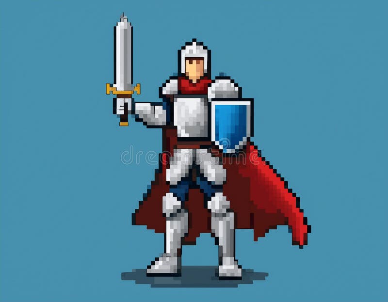 Pixel Art Knight Holding Sword and Shield Stock Illustration ...