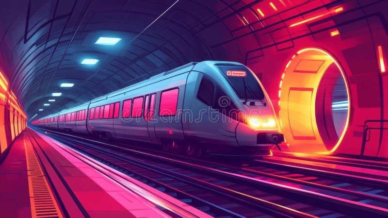 Pixel Art Style Subway Train at Station with Red and Blue Neon Lights ...