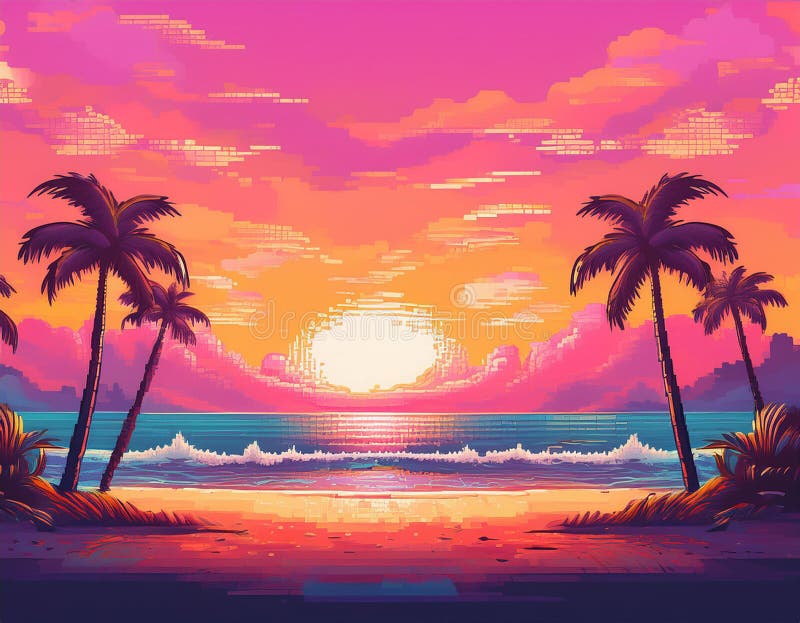 Pixel Art Style Sunset Beach Stock Image - Image of tropical, clouds ...