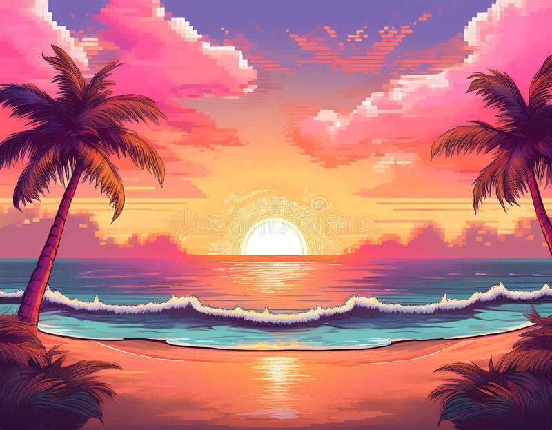 Pixel Art Style Sunset Beach Stock Image - Image of dreamy, orange ...