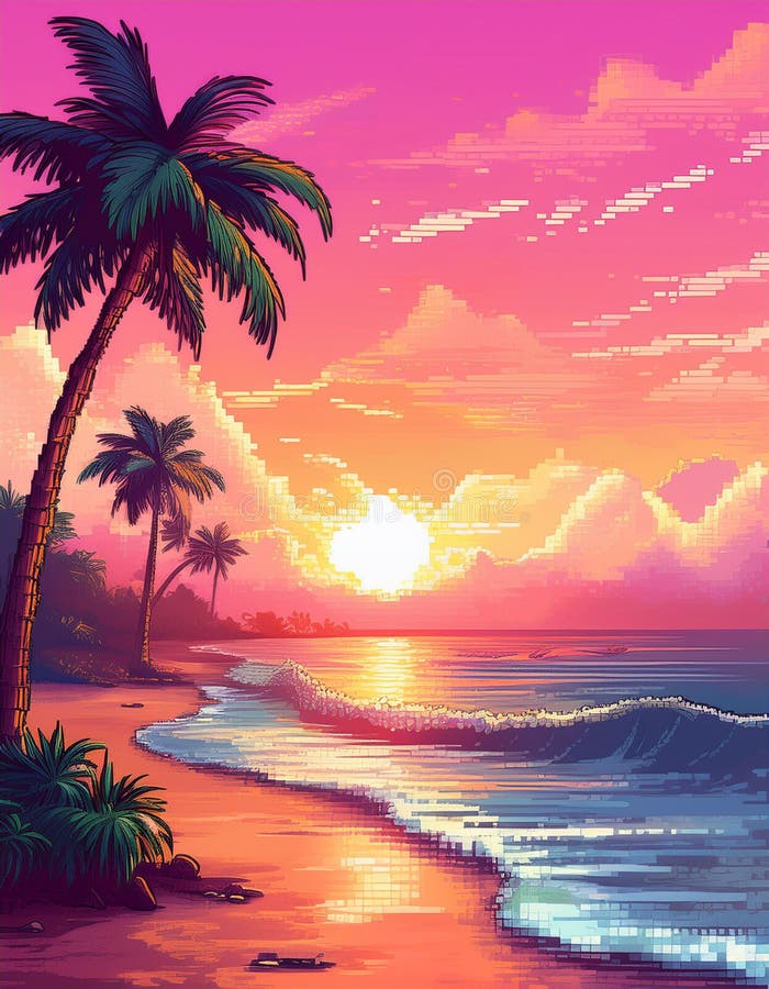 Pixel Art Style Sunset Beach Stock Image - Image of coastal, tranquil ...
