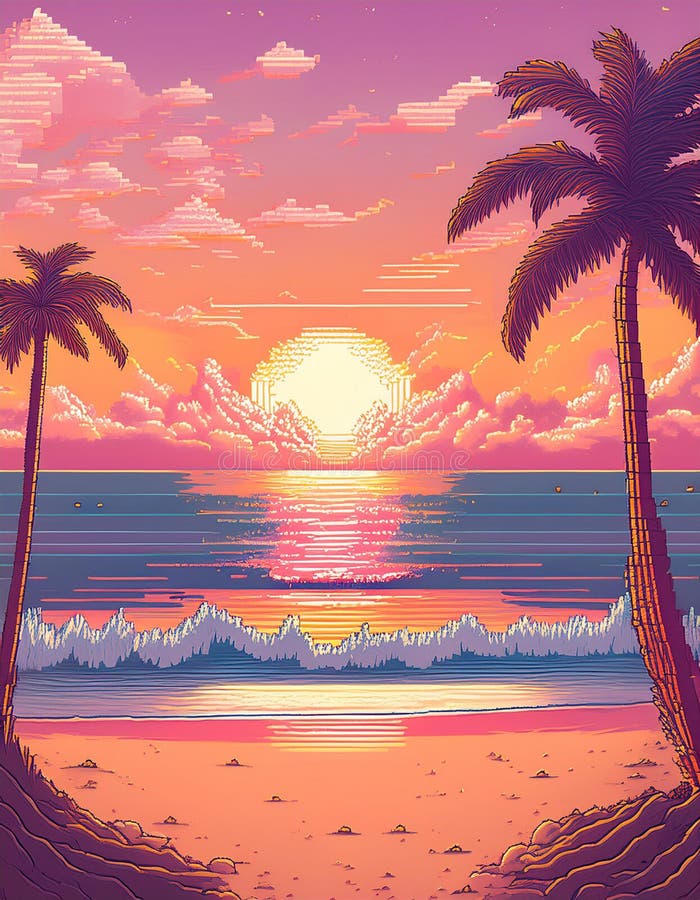 Pixel Art Style Sunset Beach Stock Image - Image of orange, pixelated ...