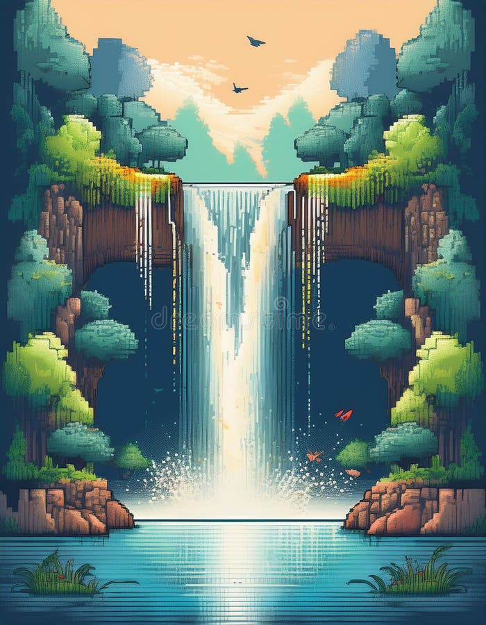 Pixel Art Style Whimsical Waterfall Scene Stock Photo - Image of ...