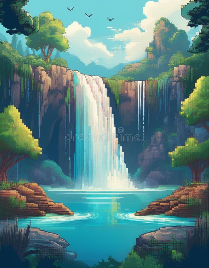 Pixel Art Style Whimsical Waterfall Scene Stock Image - Image of moss ...