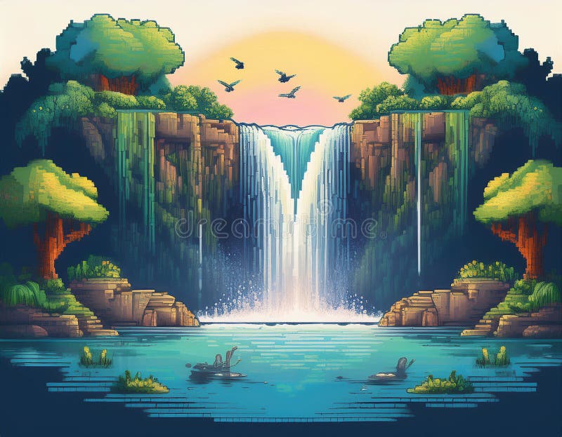 Pixel Art Style Whimsical Waterfall Scene Stock Photo - Image of ...
