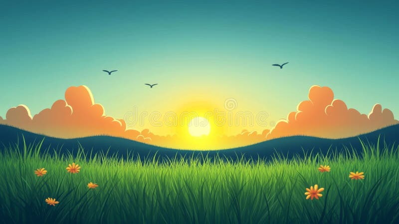 Pixel Art Sunrise Over Meadow Landscape Stock Illustration ...