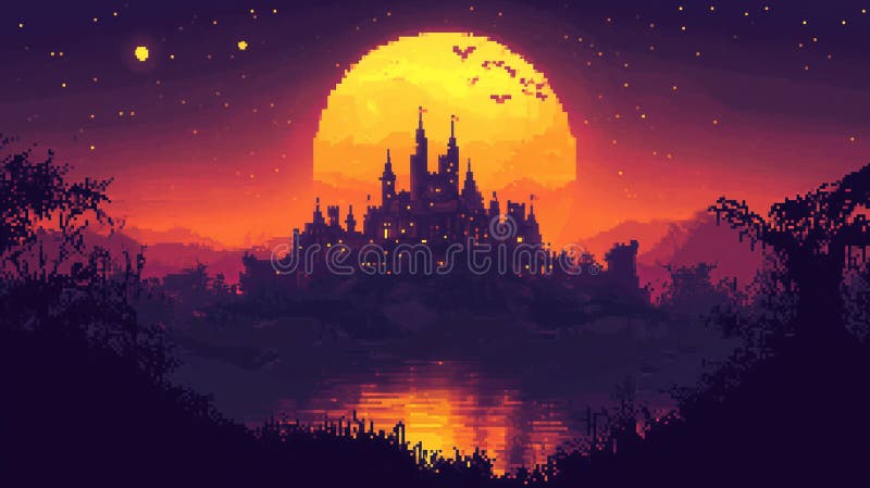 Pixel Art Sunset Castle Landscape Stock Image - Image of relaxation ...