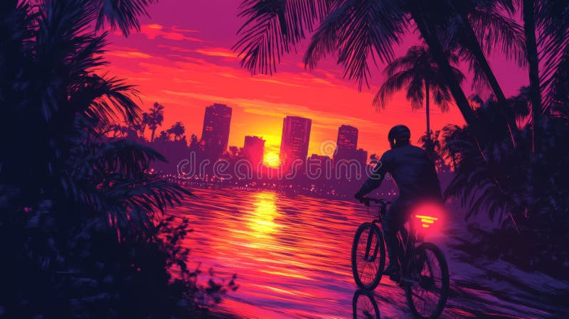 Pixel Art Sunset Cityscape with Biker Silhouette Stock Illustration ...