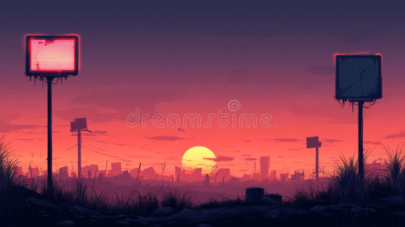 Pixel Art Sunset Cityscape with Neon Signs Stock Illustration ...