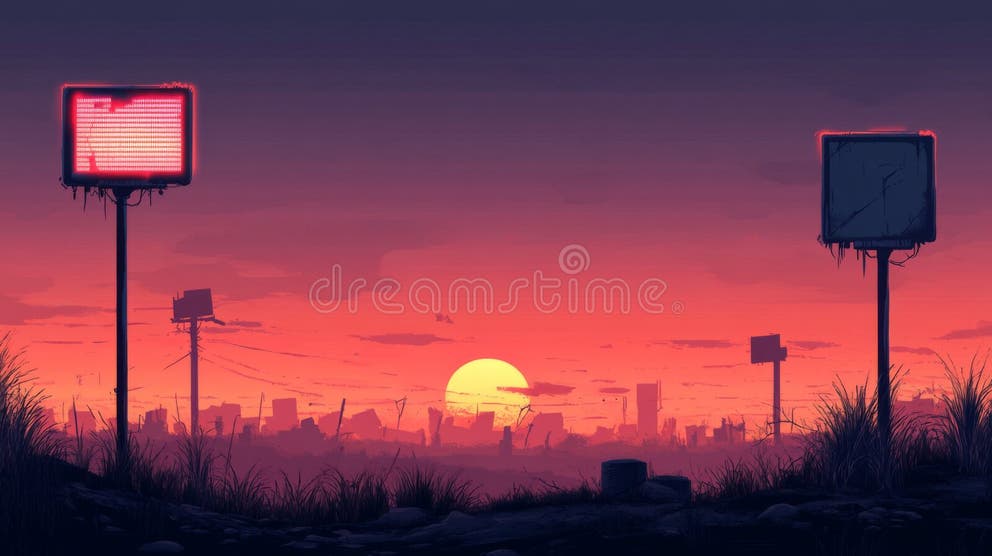 Pixel Art Sunset Cityscape with Neon Signs Stock Illustration ...