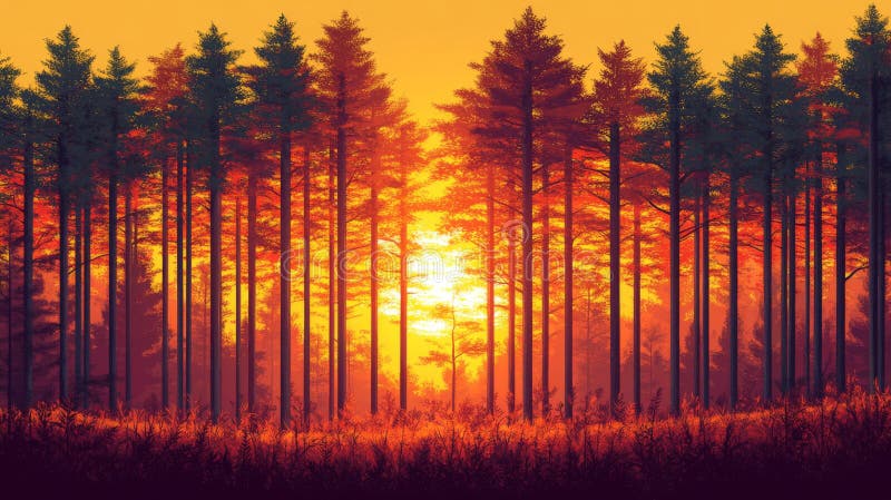 Pixel Art Sunset Forest Landscape Stock Illustration - Illustration of evergreen, coniferous ...
