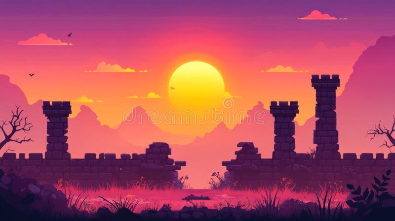 Pixel Art Sunset Landscape with Castle Ruins Stock Illustration ...