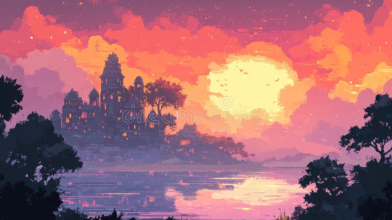 Pixel Art Sunset Landscape with Island Castle Stock Illustration ...