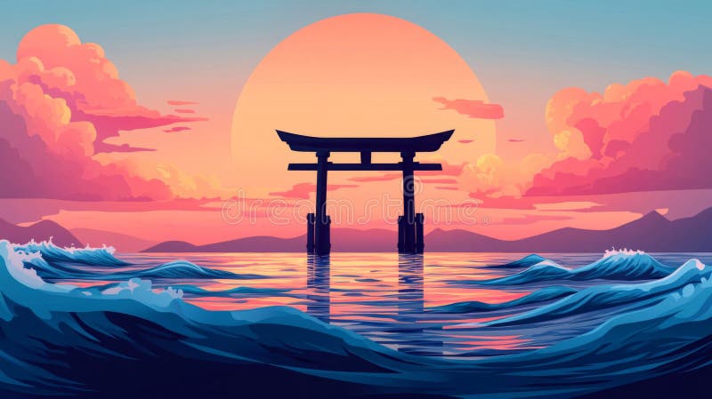 Pixel Art Sunset Landscape with Japanese Torii Gate Stock Illustration ...