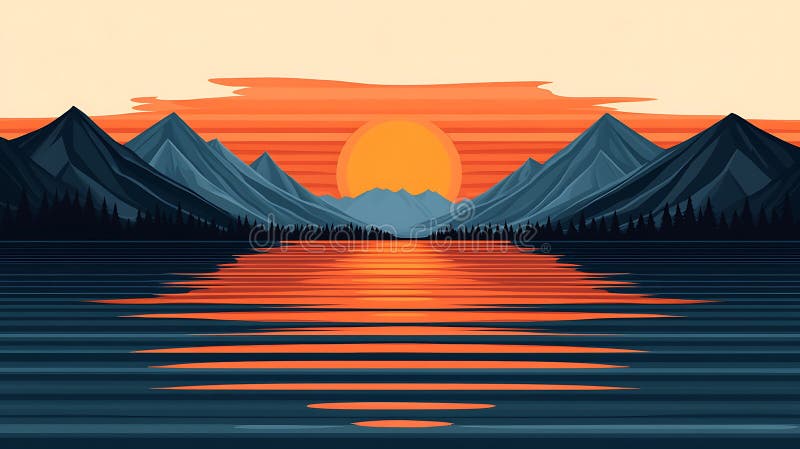 Pixel Art Sunset Landscape Orange and Blue Mountain Lake Reflection ...