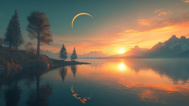 Pixel Art Sunset Landscape Over Calm Lake and Mountains Stock ...