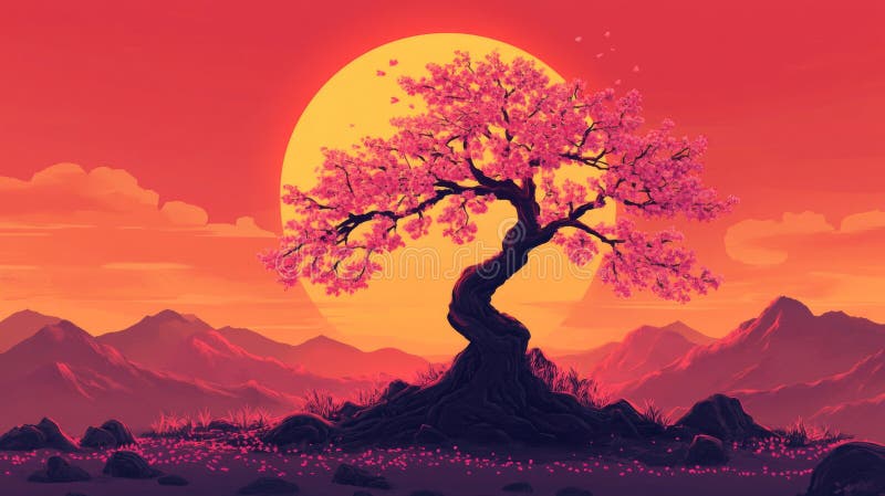 Pixel Art Sunset Landscape with Pink Cherry Blossom Tree Stock ...