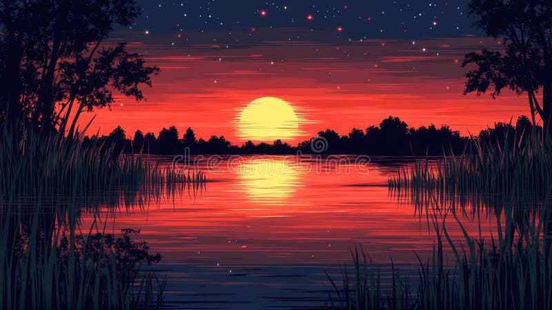 Pixel Art Sunset Over Calm Lake Stock Photos - Free & Royalty-Free ...