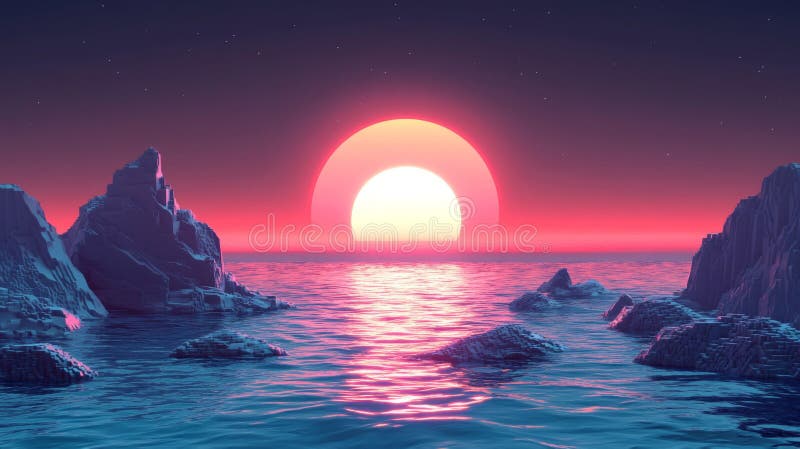 Pixel Art Sunset Over Calm Ocean with Pink Sky Stock Illustration ...