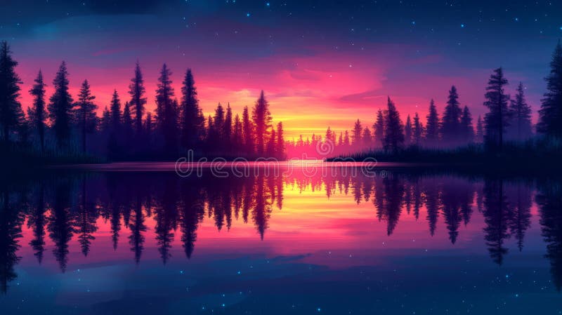 Pixel Art Sunset Over Forest Lake Stock Illustration - Illustration of ...