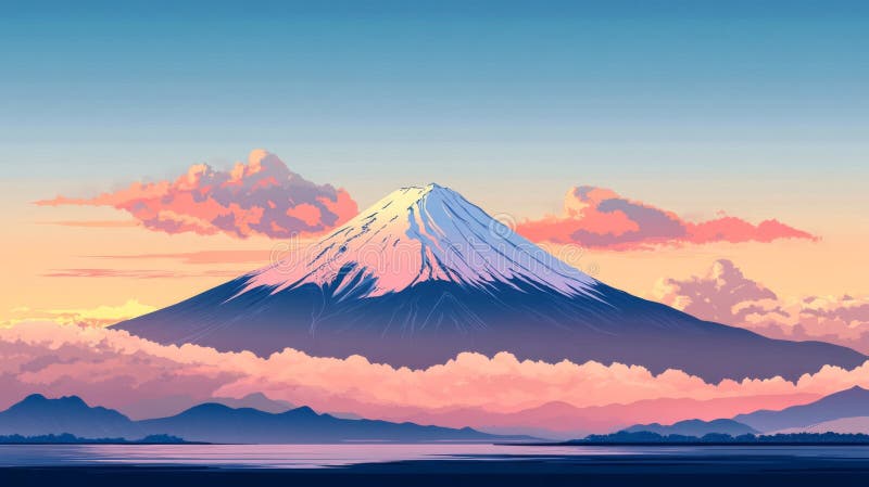 Pixel Art Sunset Over Fuji Mountain Stock Illustration - Illustration ...